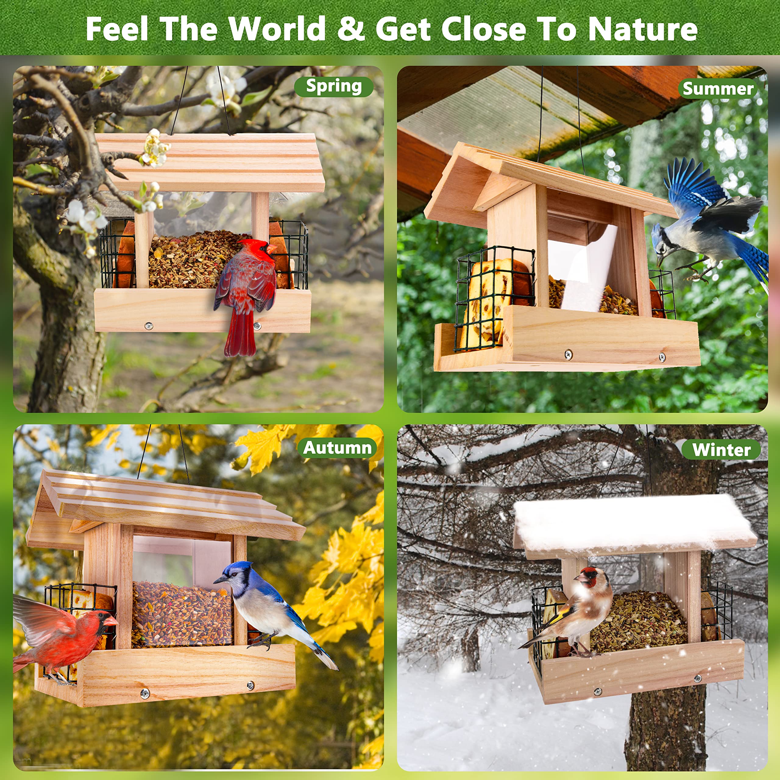 Bird Feeders for Outdoors Hanging - Wooden Bird Feeder Hopper, Cardinal Bird House Feeder, Large Bird Feeder with Suet Holder for Outside, Wild, Outdoors Hanging Pole