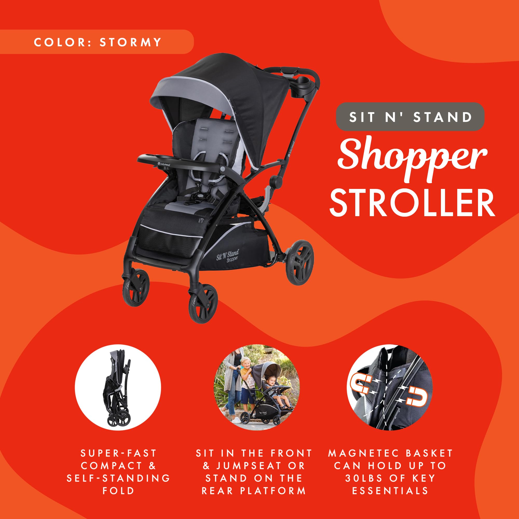 Baby Trend Sit N' Stand 5-in-1 Collapsible Kids Shopper Stroller with Shaded Canopy Visor, Extendable Storage Basket, and 2 Cup Holders, Stormy