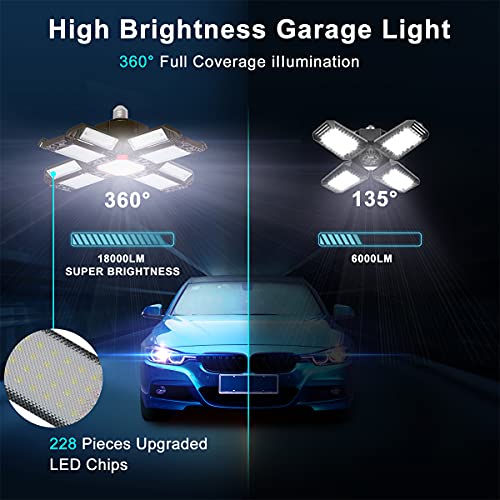 Atokit LED Garage Light 180W Deformable Garage Lights Ceiling led, 13 Leafs Garage Lighting with 12 Adjustable Panels 6500K Daylight led Shop Lights for Workshop, Garage, Basement, Garden