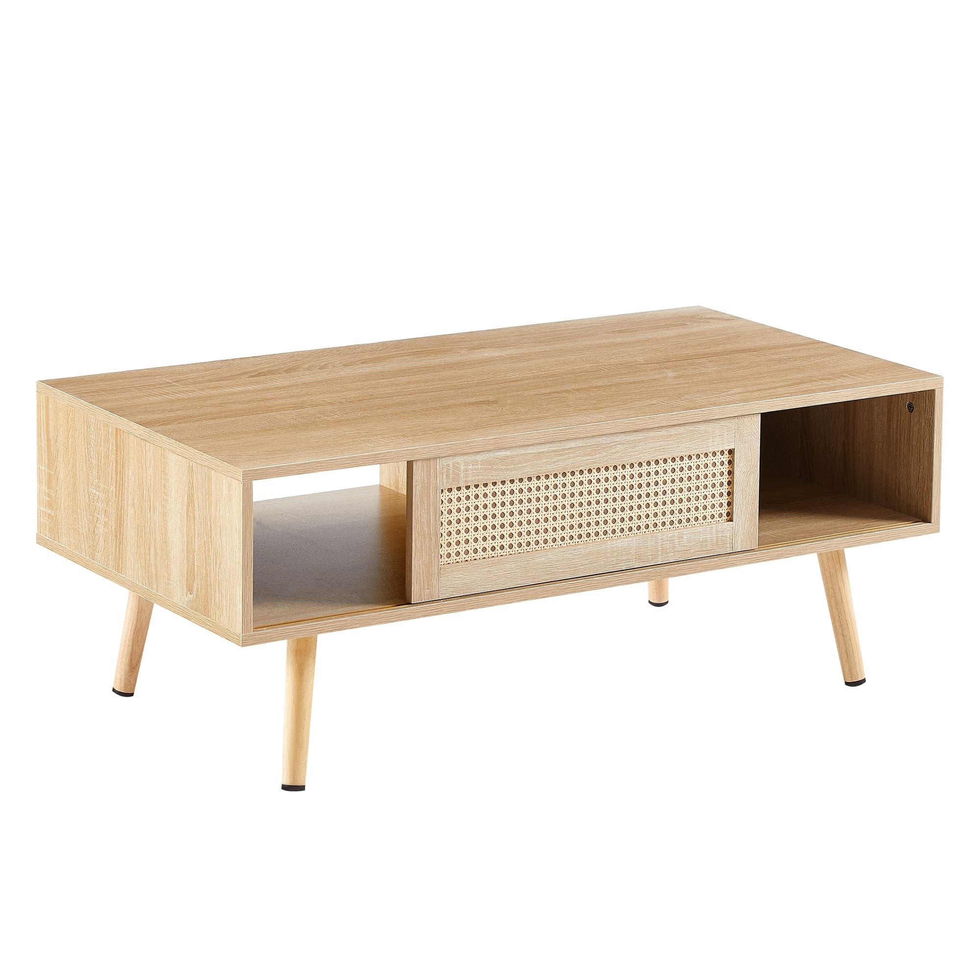 Forsho Rattan Coffee Table Mid Century Modern Coffee Table with Storage 41.3 Inch Wooden Accent Center Sofa Table with Sliding Woven Door Panel and Solid Wood Legs Perfect for Living Room