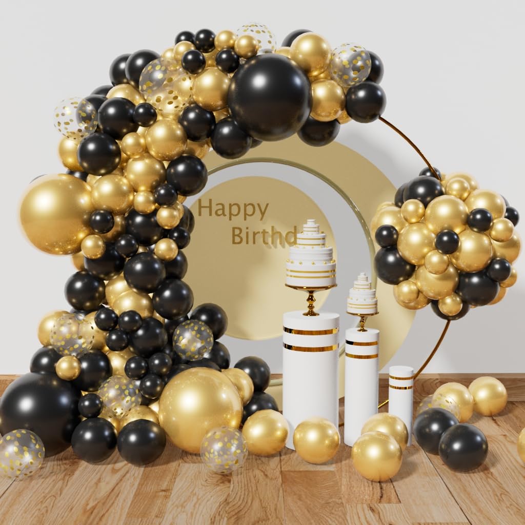 KAWKALSH 137Pcs Black and Gold Balloons Garland Arch Kit, Metallic Gold Confetti Latex Balloons for Graduation Party Baby Shower Wedding Anniversary Birthday Party Decorations…