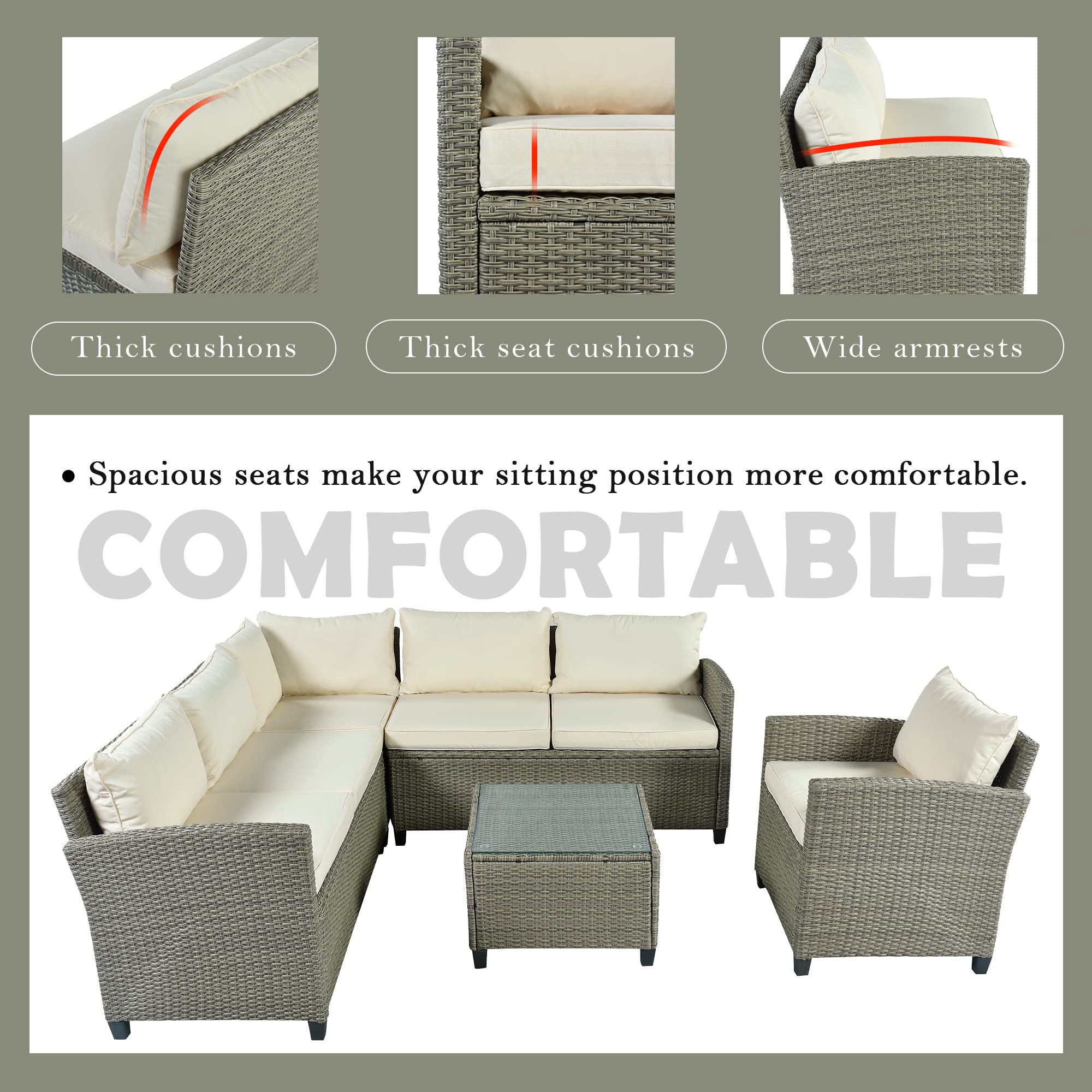 Merax 5 Piece Patio Furniture Set Outdoor Conversation PE Wicker Rattan Sectional Sofa, Coffee Table and Single Chair, Beige