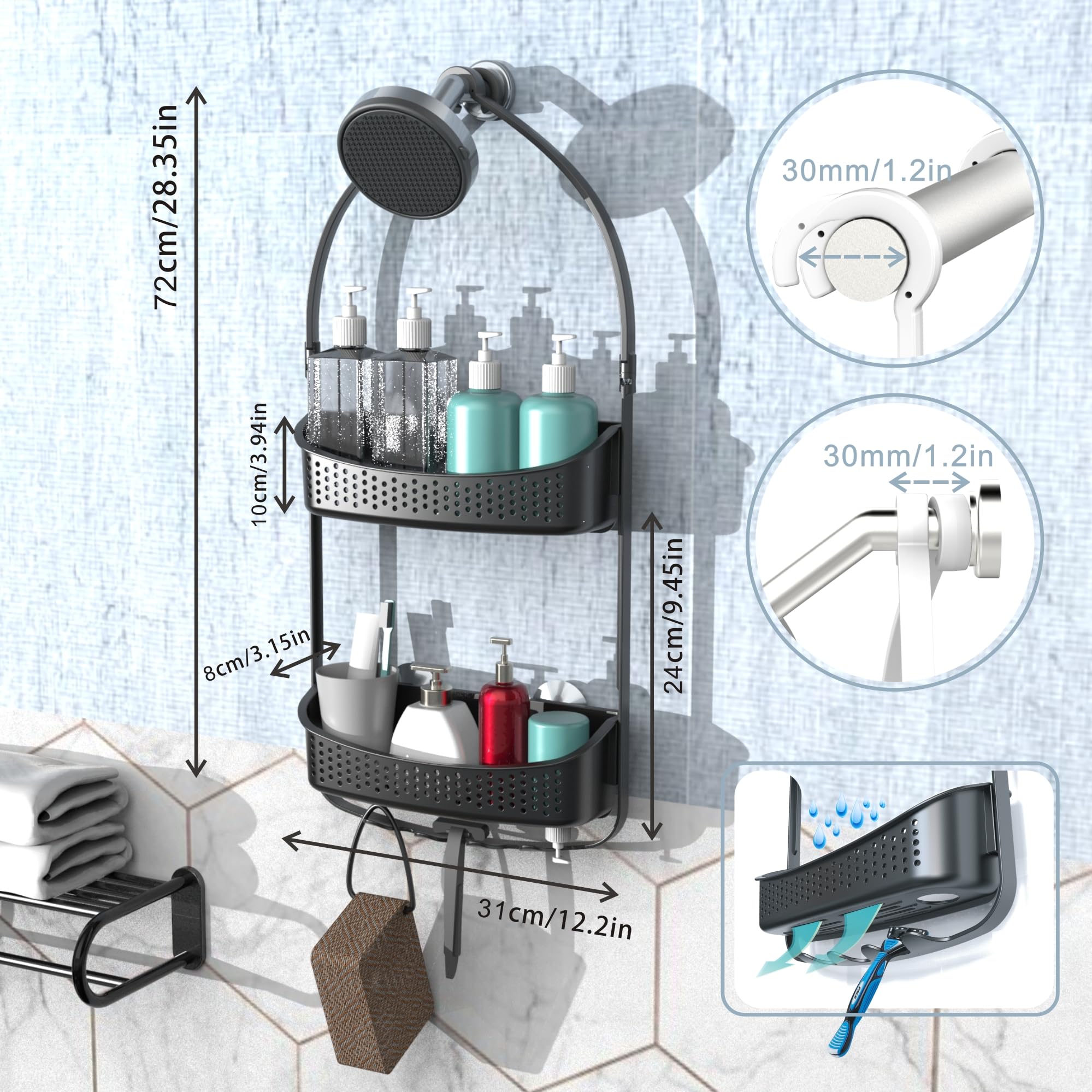 EMT ETRENDS Shower Caddy Hanging, Anti-Swing Over Head Shower Caddy Rustproof, Over the Door, Plastic Bathroom Organizer, Multiple Hanging Modes Shelf with Hooks and Suction Cups, Matte Grey