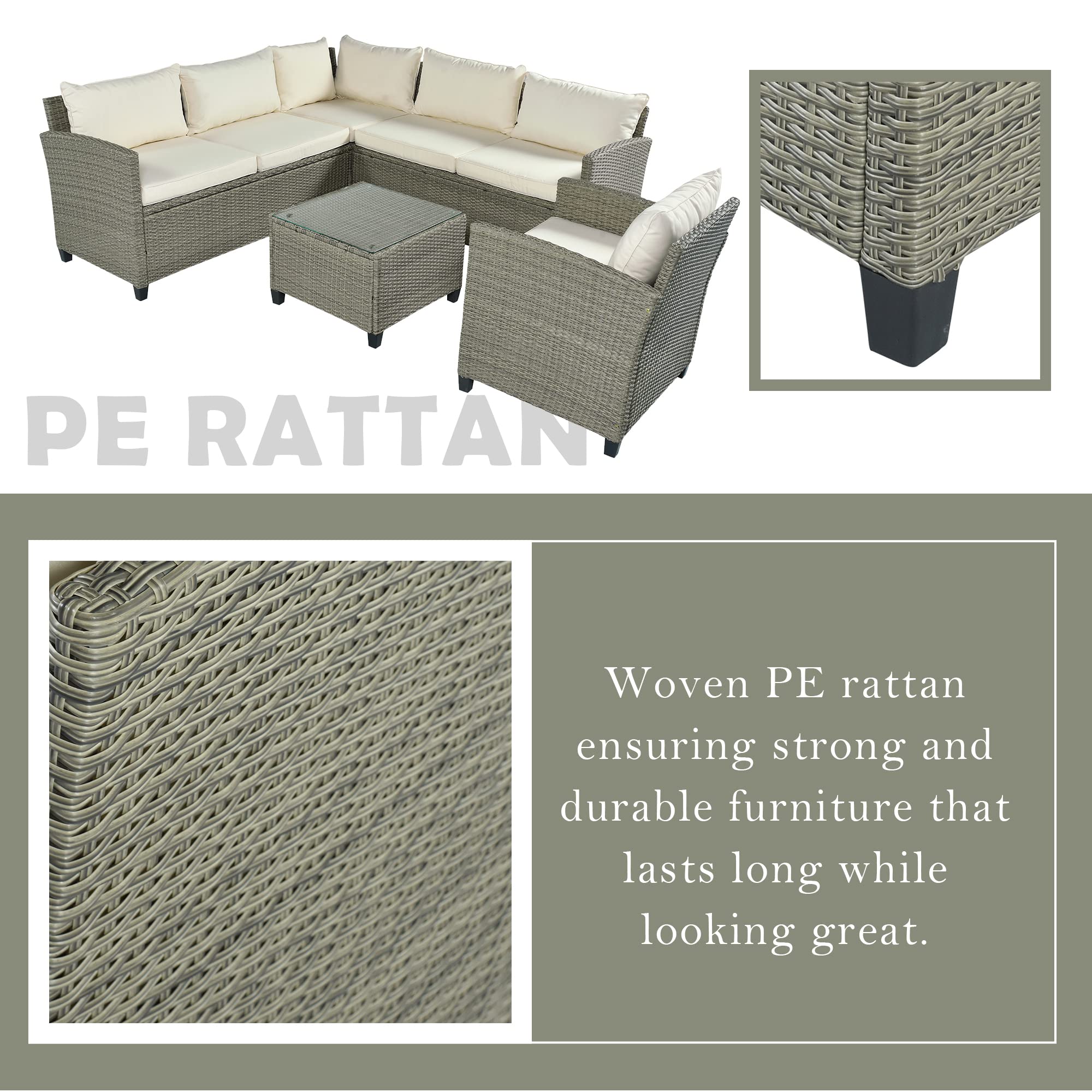 Merax 5 Piece Patio Furniture Set Outdoor Conversation PE Wicker Rattan Sectional Sofa, Coffee Table and Single Chair, Beige