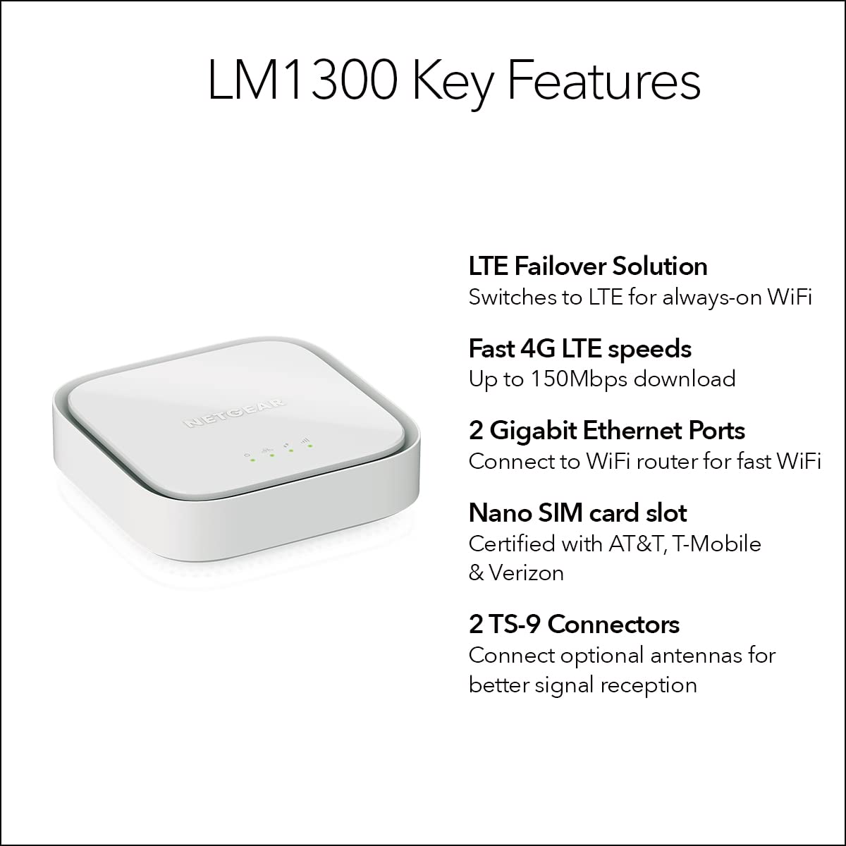 NETGEAR 4G LTE Broadband Modem (LM1300) – Use LTE as a Primary Internet Connection or Failover Solution for Always-On WiFi, Certified with AT&T, T-Mobile, & Verizon, White (Renewed)