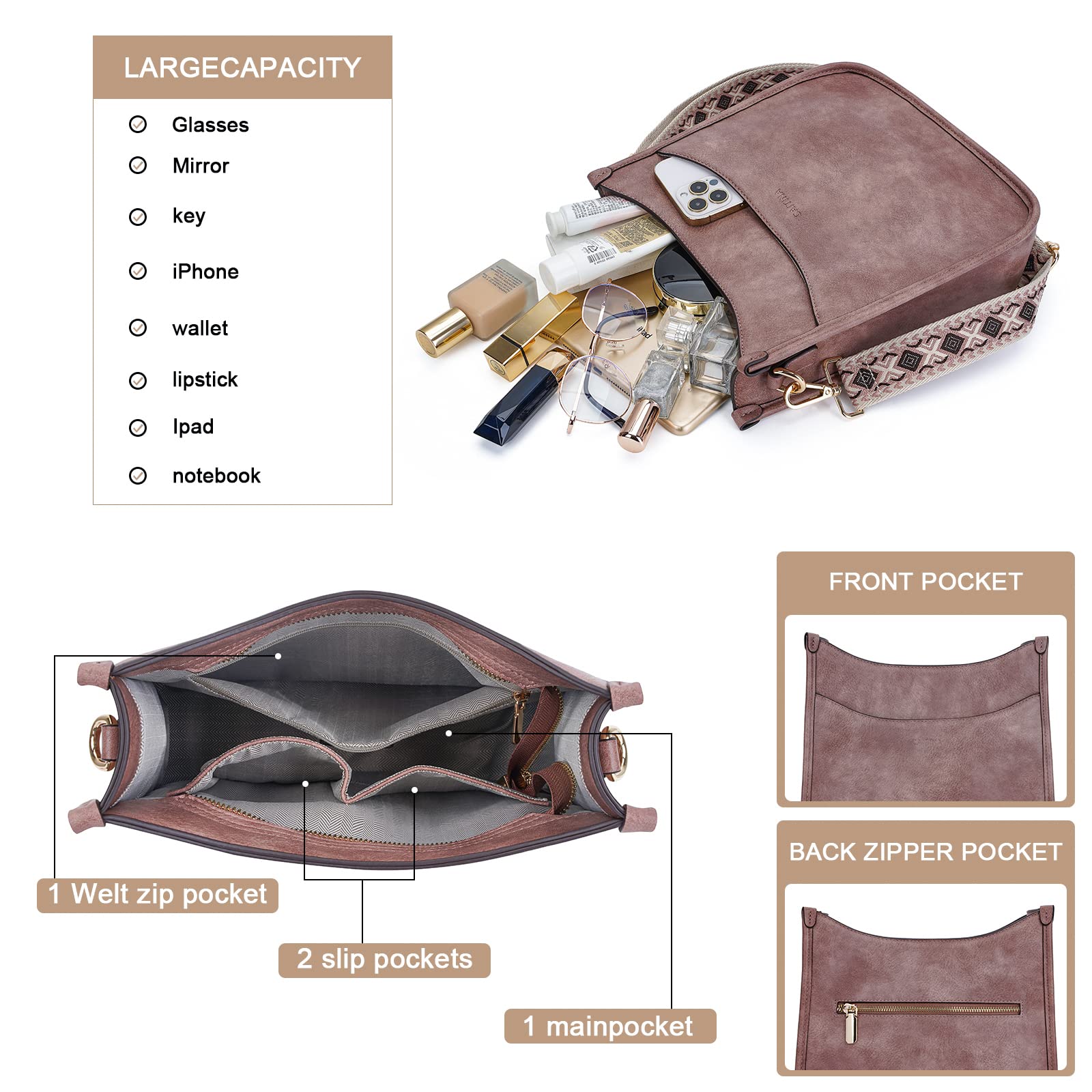 Caitina Women's Shoulder Handbags Trendy Vegan Leather Crossbody Bag Purses For Women,with 2PCS Adjustable Strap Hobo Handbag(Mod Pink)