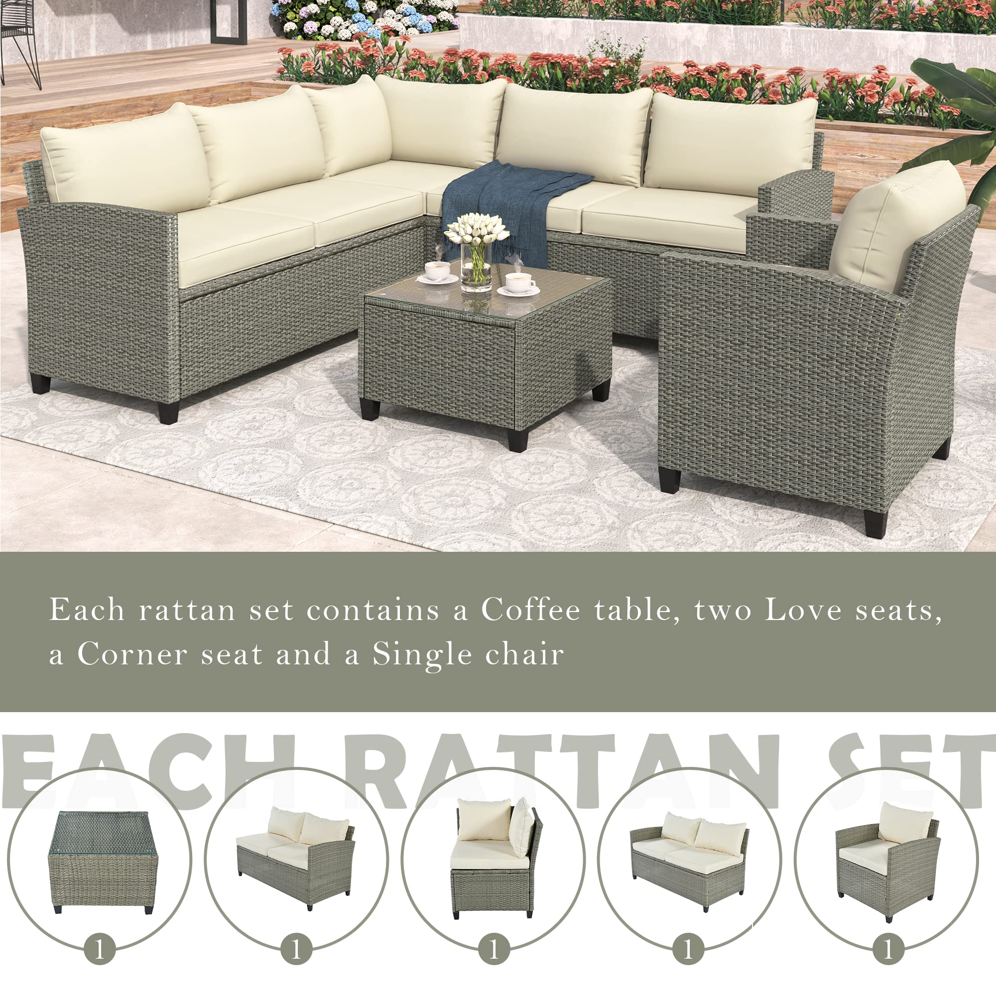 Merax 5 Piece Patio Furniture Set Outdoor Conversation PE Wicker Rattan Sectional Sofa, Coffee Table and Single Chair, Beige