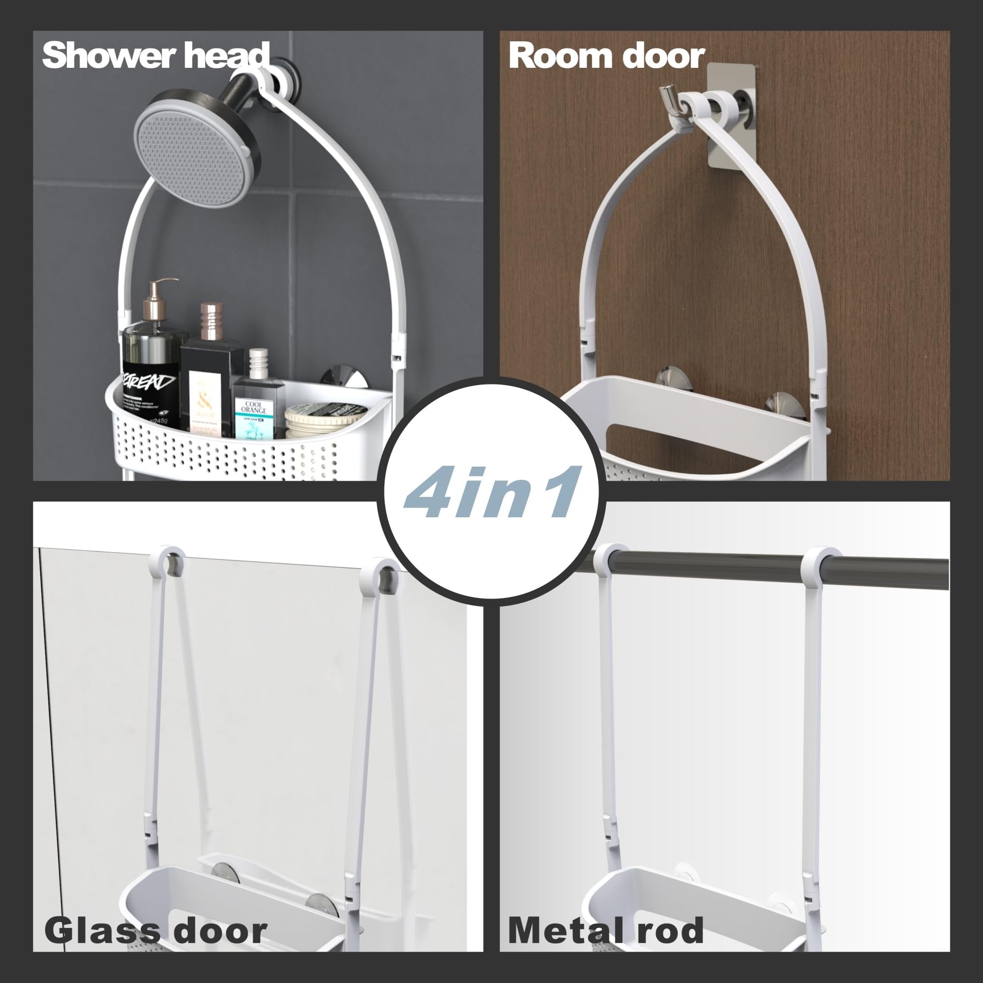 EMT ETRENDS Shower Caddy Hanging, Anti-Swing Over Head Shower Caddy Rustproof, Over the Door, Plastic Bathroom Organizer, Multiple Hanging Modes Shelf with Hooks and Suction Cups, Matte Grey