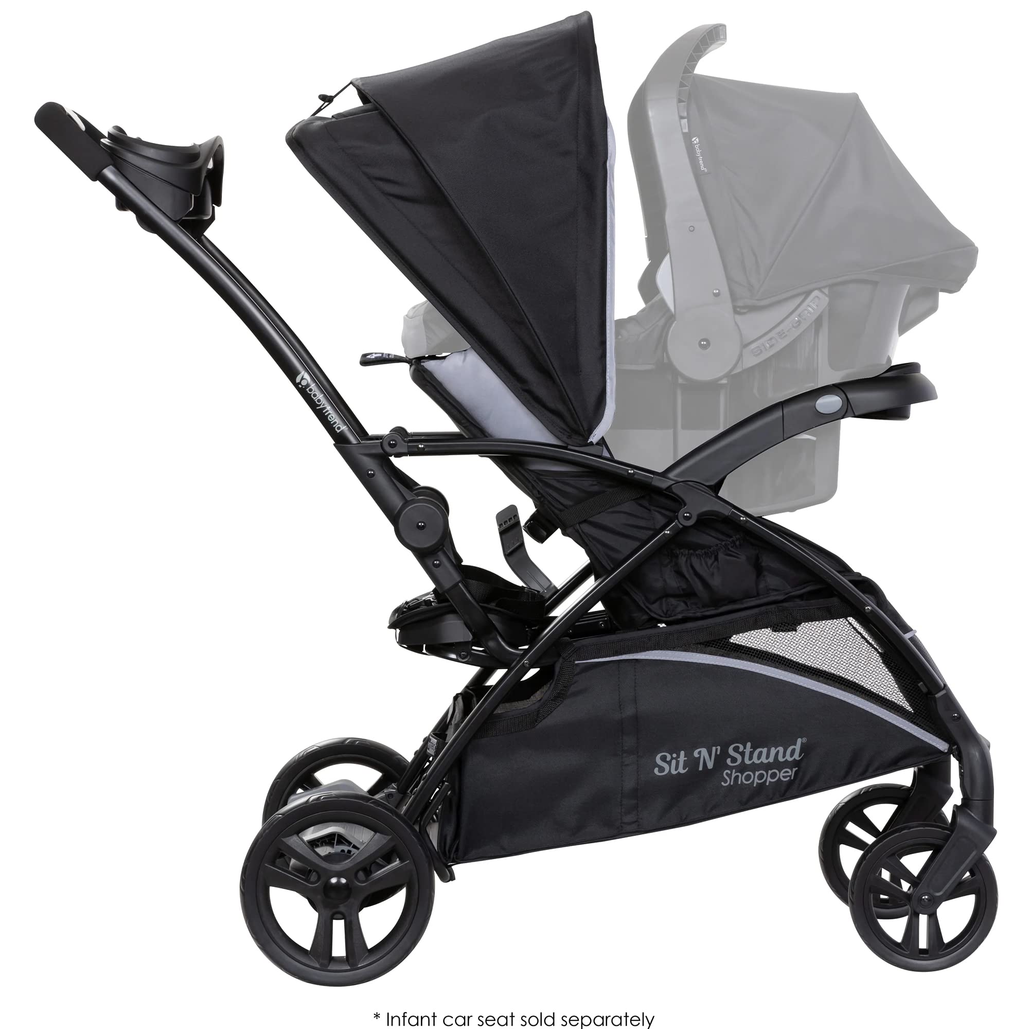 Baby Trend Sit N' Stand 5-in-1 Collapsible Kids Shopper Stroller with Shaded Canopy Visor, Extendable Storage Basket, and 2 Cup Holders, Stormy