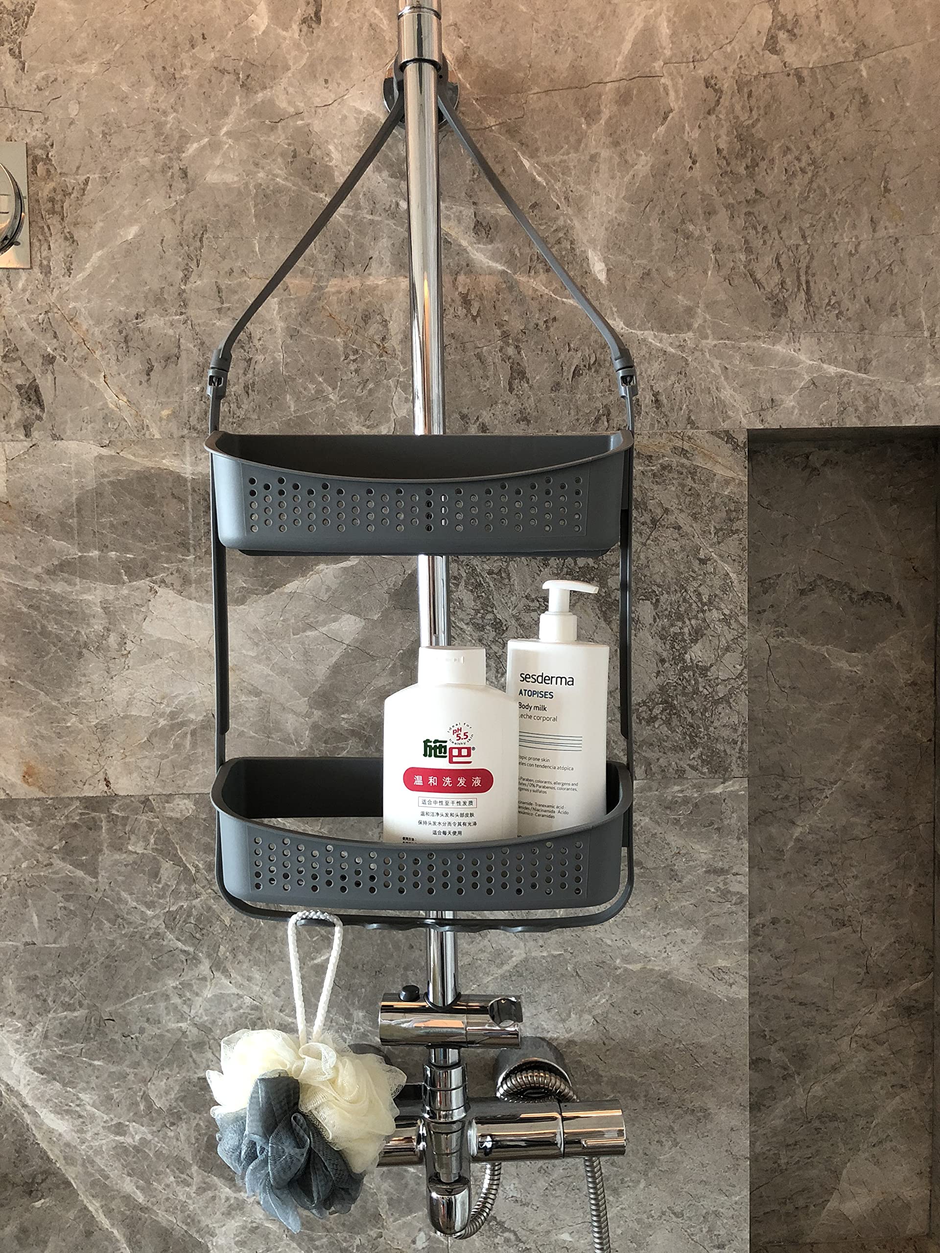EMT ETRENDS Shower Caddy Hanging, Anti-Swing Over Head Shower Caddy Rustproof, Over the Door, Plastic Bathroom Organizer, Multiple Hanging Modes Shelf with Hooks and Suction Cups, Matte Grey