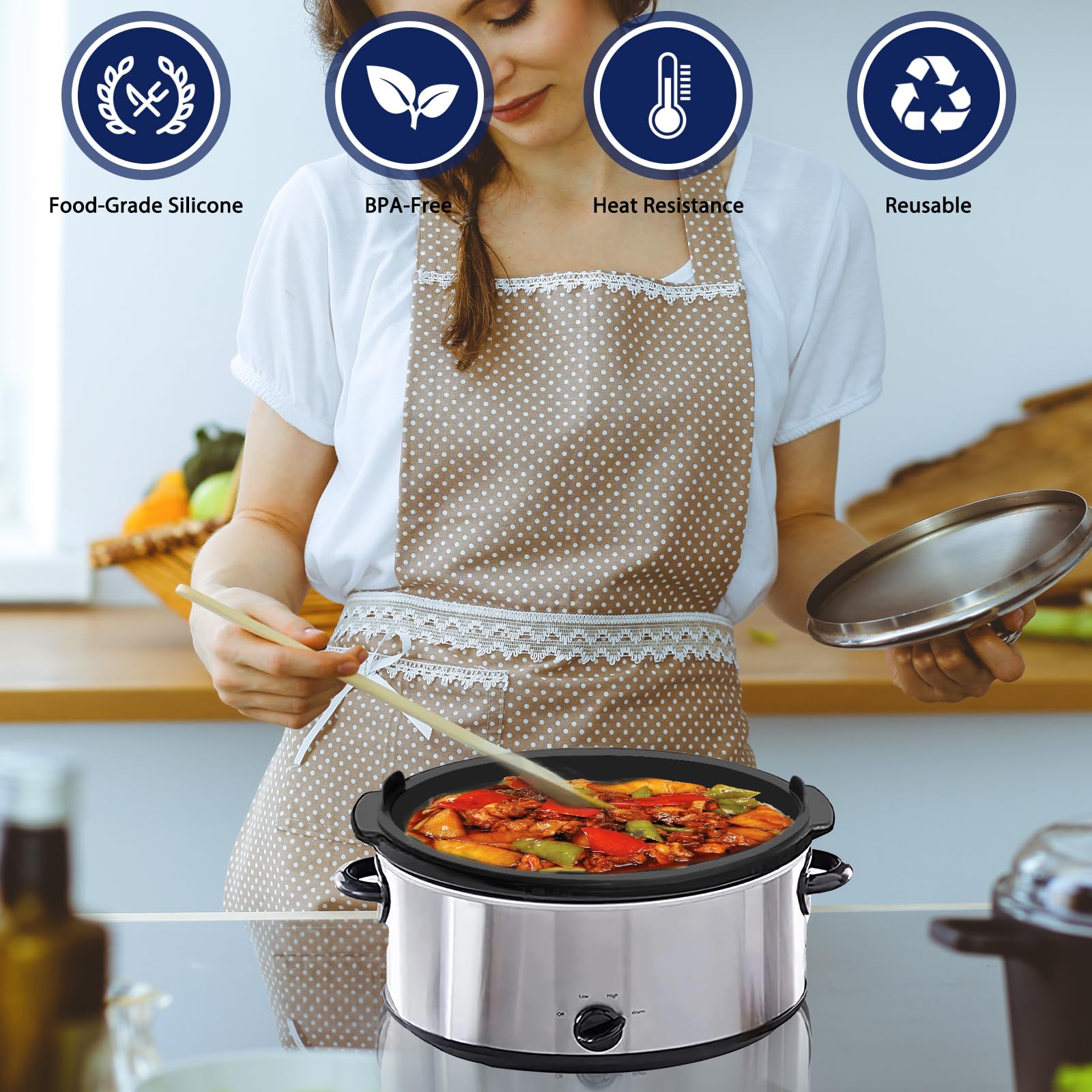 Silicone Slow Cooker Liner Fit 6-7 Quart Oval Slow Cookers, Food Grade Silicone Slow Cooker Liners Reusable & Leakproof Dishwasher Safe Slow Cooker Liner