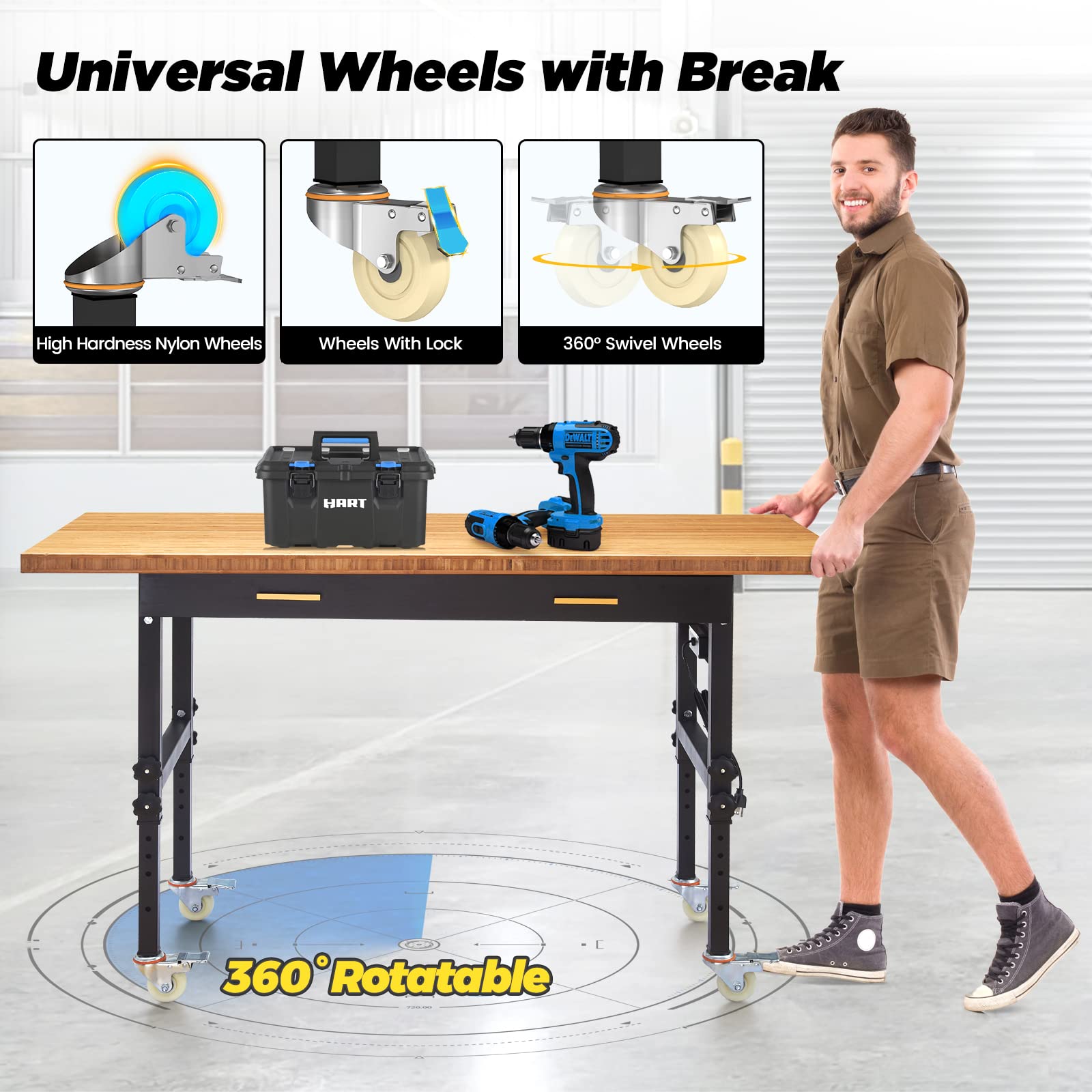60" Height Adjustable Work Bench Table with Storage, Drawers, Wheels, Power Outlet - Heavy-Duty Garage Work Benches, 2700 LBS Load Capacity Wood Top Workbench for Workshop, Office, Home