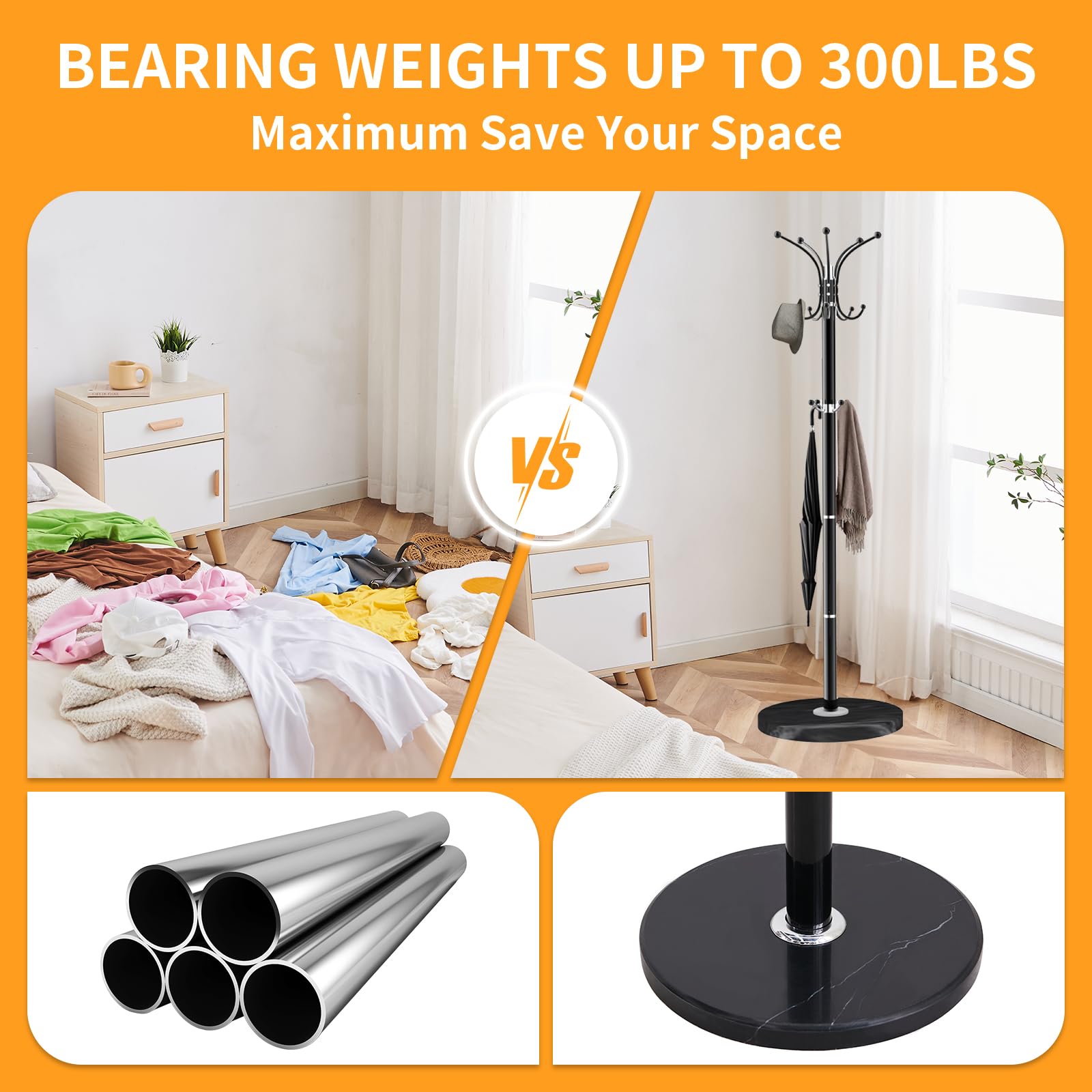 ZOZOE Metal Coat Rack Stand, Modern Coat Rack Freestanding with Natural Marble Base, 360° Rotary Design Coat Racks with 14 Hooks, Coat Tree for Bags, Hats, Entryway, Office