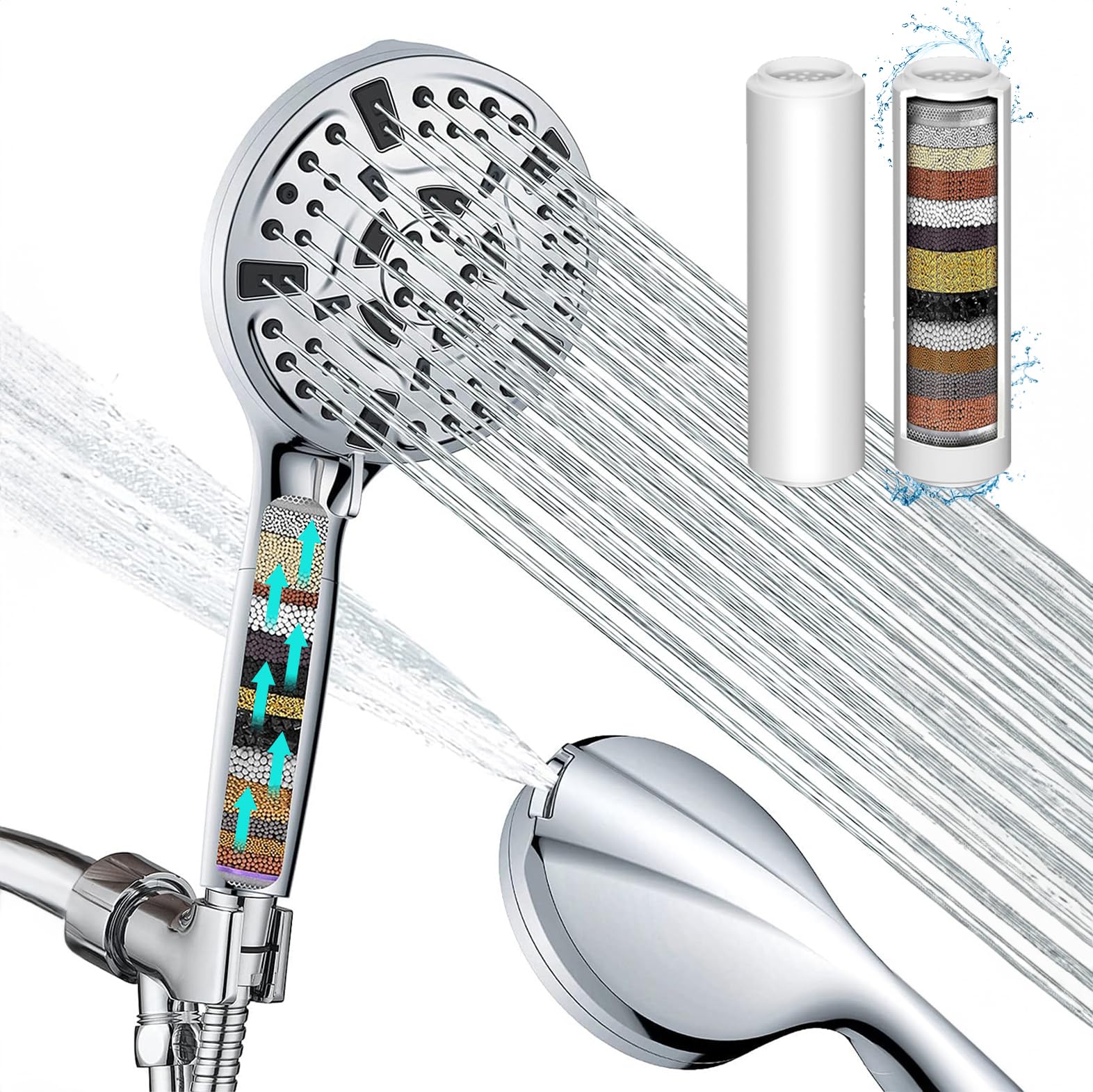 Acbaeta Modern 9-Setting Stainless Steel Shower Head with Handheld, 5-Inch Large Shower Head and 60-Inch Hose, 8 Spray and 2 Jet Modes, Powerful Filters and Water Saver Included