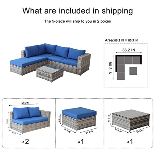 MOLIXXES 4 Pieces PE Wicker Outdoor Sofa Couch Sectional Patio Set,Patio Furniture Sectional Sofa with Ottoman, Glass Table, Pillow,Gray Rattan Blue Cushion