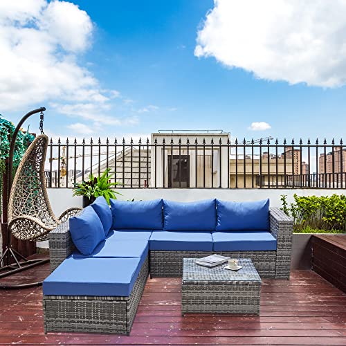 MOLIXXES 4 Pieces PE Wicker Outdoor Sofa Couch Sectional Patio Set,Patio Furniture Sectional Sofa with Ottoman, Glass Table, Pillow,Gray Rattan Blue Cushion