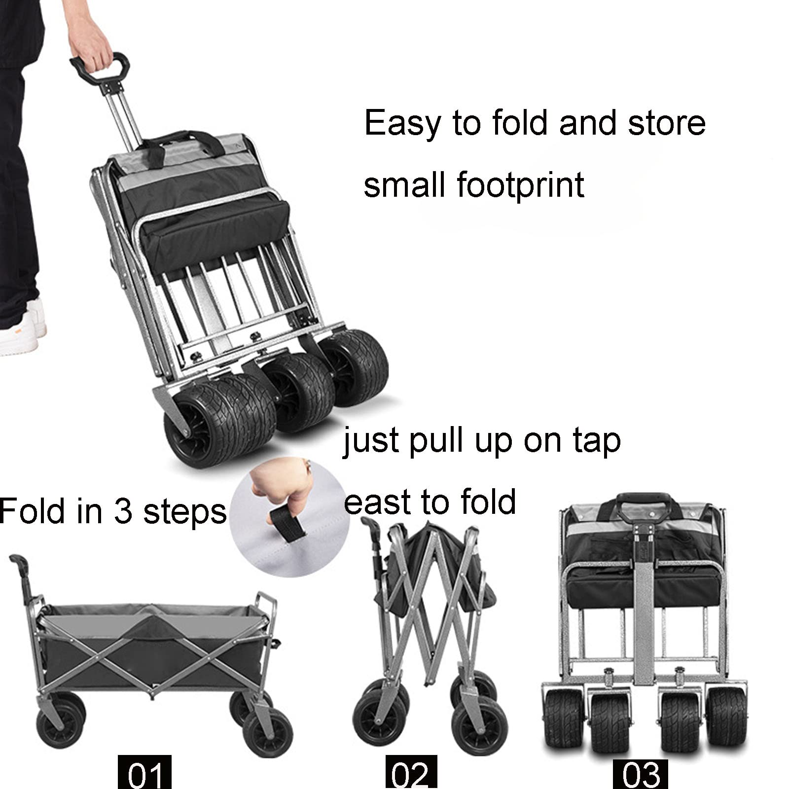 ASUMUI Outdoor Collapsible Wagon Portable Beach Cart,Adjustable Rolling Carts with Big Wheels/Two Chairs/Desktop,for Beach, Shopping (White)