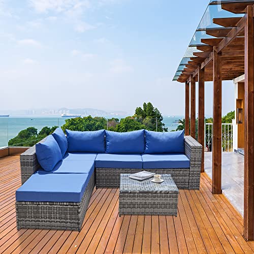 MOLIXXES 4 Pieces PE Wicker Outdoor Sofa Couch Sectional Patio Set,Patio Furniture Sectional Sofa with Ottoman, Glass Table, Pillow,Gray Rattan Blue Cushion