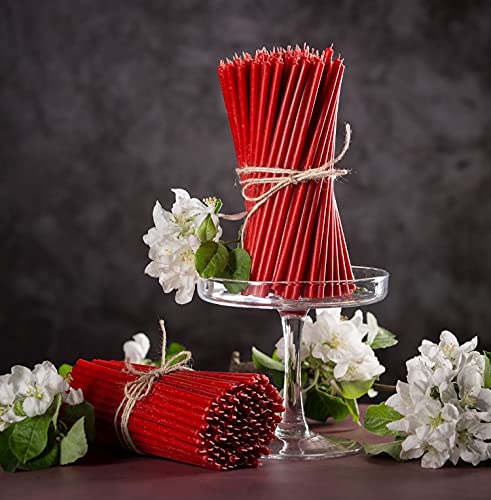 Danilovo Pure Beeswax Candles - No-Drip, Smoke-Less, Tall, Thin Taper Candles β Decorative Candles for Church Prayer, Decor or Birthday Candles β Honey Scented β 7.3 in, Γ 0.24 in (Red, 50pcs)