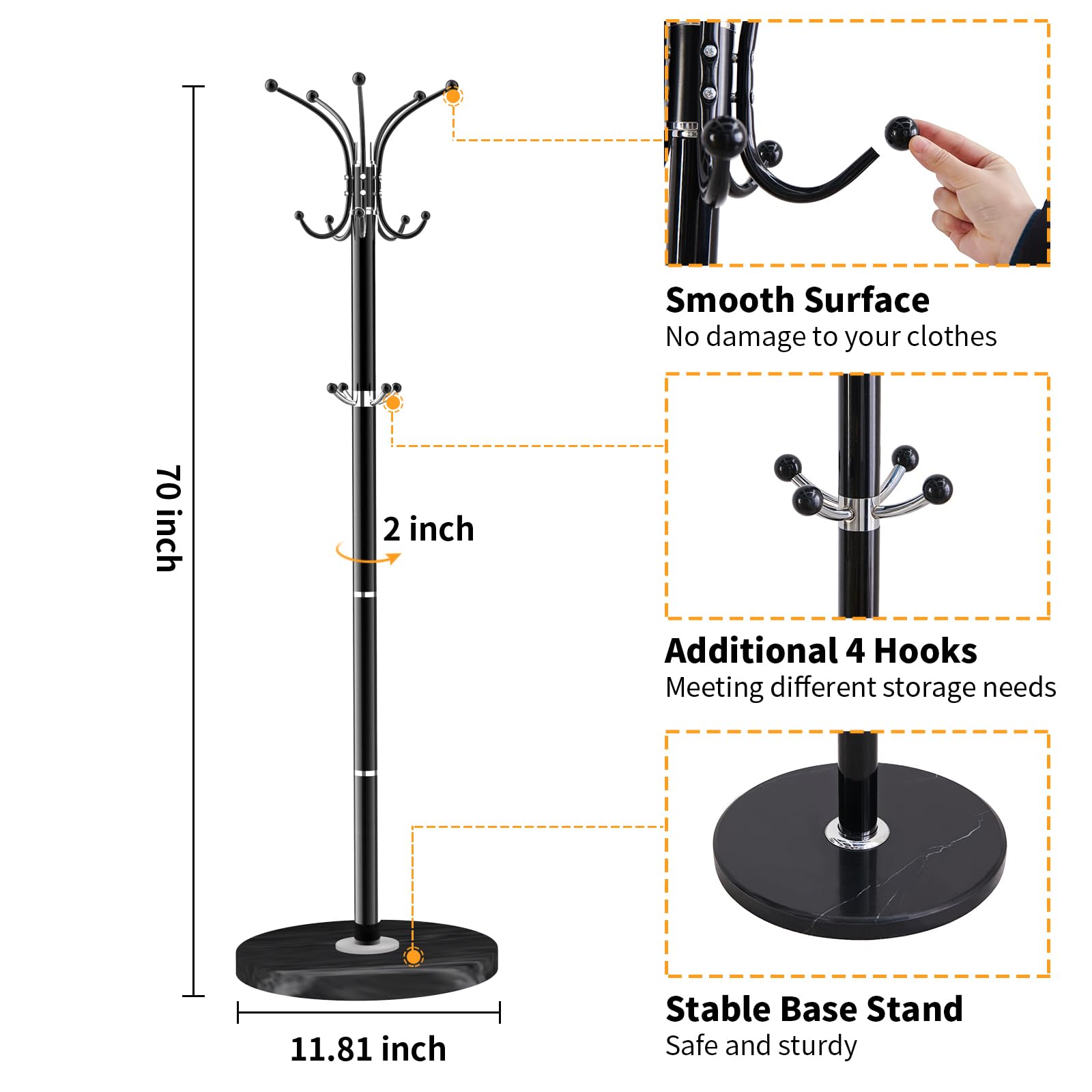 ZOZOE Metal Coat Rack Stand, Modern Coat Rack Freestanding with Natural Marble Base, 360° Rotary Design Coat Racks with 14 Hooks, Coat Tree for Bags, Hats, Entryway, Office