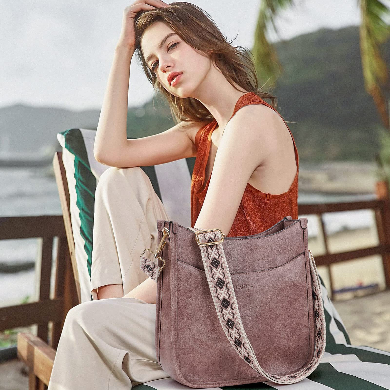 Caitina Women's Shoulder Handbags Trendy Vegan Leather Crossbody Bag Purses For Women,with 2PCS Adjustable Strap Hobo Handbag(Mod Pink)