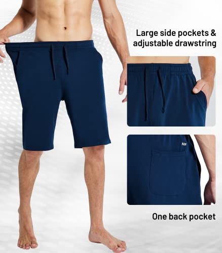 MIER Men's Workout Cotton Shorts 11 Inch Long Lounge Gym SweatShorts Pockets Lightweight Athletic Running Knit Jersey Shorts Drawstring, Navy Blue, M