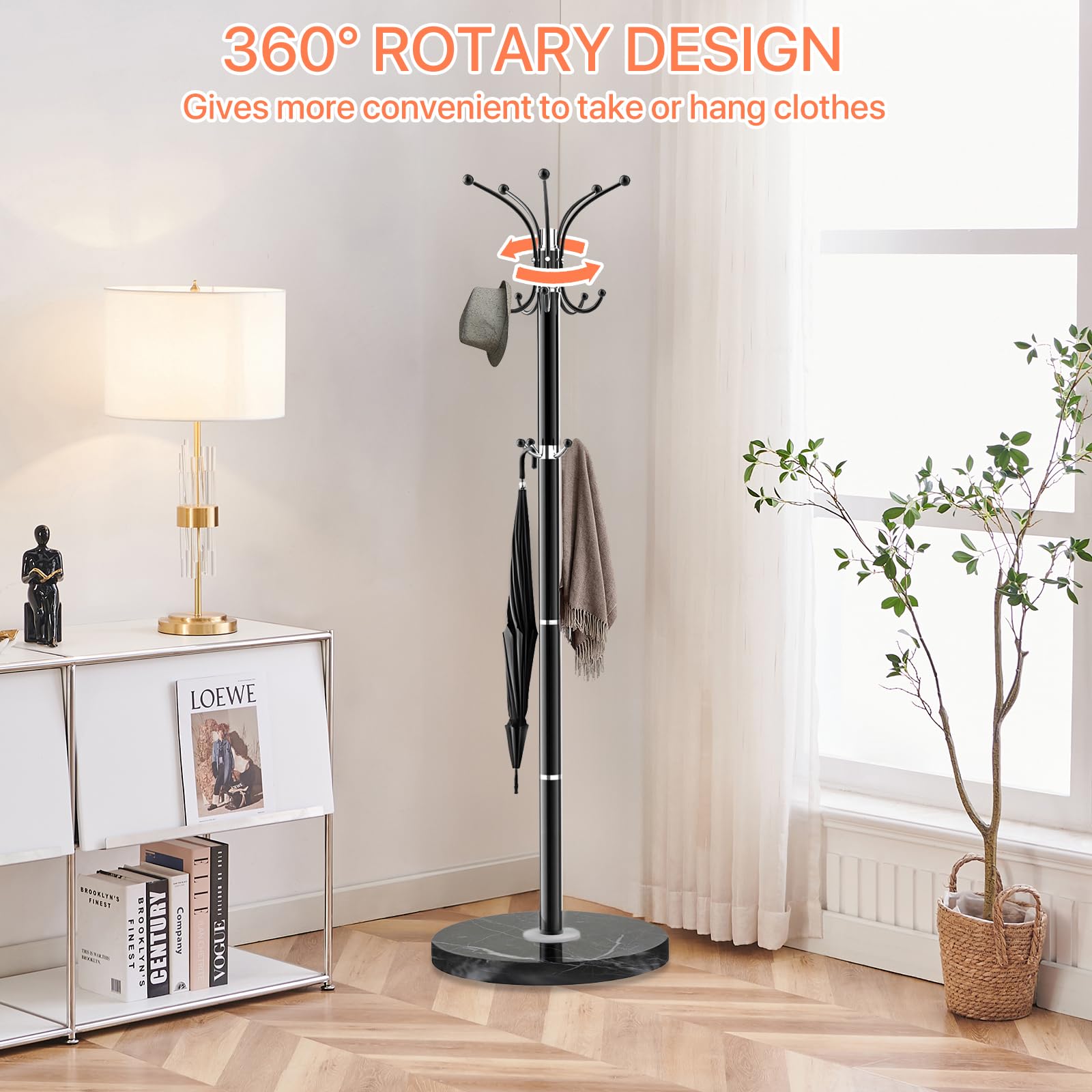ZOZOE Metal Coat Rack Stand, Modern Coat Rack Freestanding with Natural Marble Base, 360° Rotary Design Coat Racks with 14 Hooks, Coat Tree for Bags, Hats, Entryway, Office