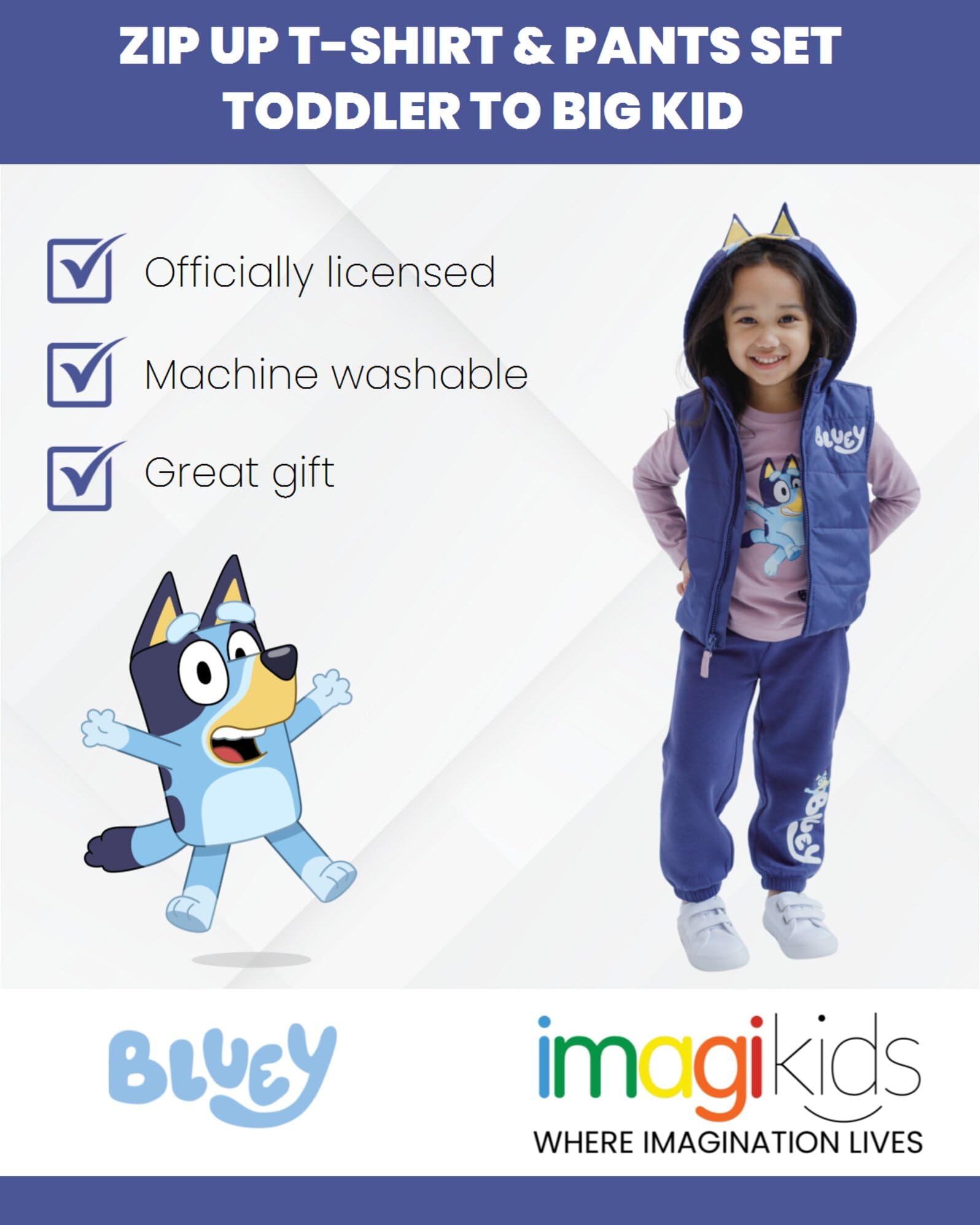 Bluey Little Girls Zip Up T-Shirt and Jogger Fleece Pants 3 Piece Blue/Gray 7-8