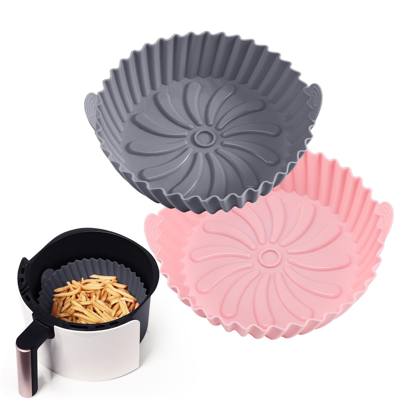 Stron-Dura 2 Pack Air Fryer Liners for 3 to 5 QT, Air Fryer Silicone Liners, reusable air fryer liners, (grey + pink, 2)