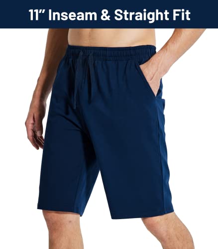 MIER Men's Workout Cotton Shorts 11 Inch Long Lounge Gym SweatShorts Pockets Lightweight Athletic Running Knit Jersey Shorts Drawstring, Navy Blue, M