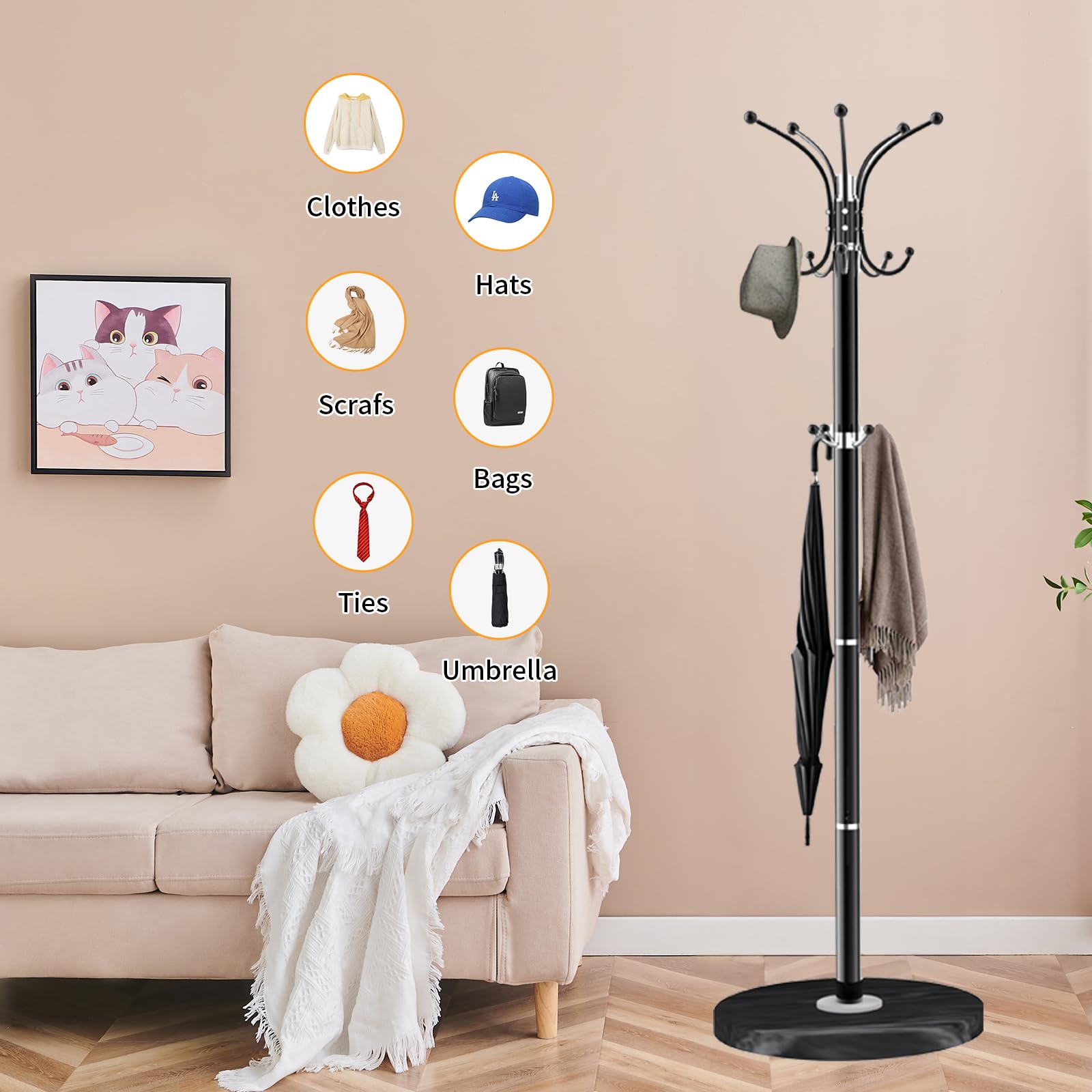 ZOZOE Metal Coat Rack Stand, Modern Coat Rack Freestanding with Natural Marble Base, 360° Rotary Design Coat Racks with 14 Hooks, Coat Tree for Bags, Hats, Entryway, Office
