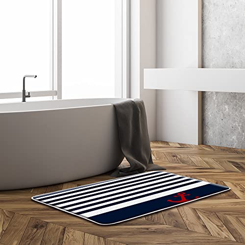 Nautical Anchor Bath Mat Red Anchors Navy Blue White Stripe Tropical Ocean Sea Life Creative Navigation Art Microfiber Memory Foam Absorbent Rug Floor Mats Bathroom Decor,Navy Blue White