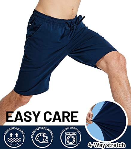 MIER Men's Workout Cotton Shorts 11 Inch Long Lounge Gym SweatShorts Pockets Lightweight Athletic Running Knit Jersey Shorts Drawstring, Navy Blue, M