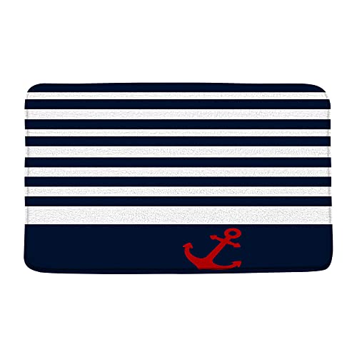 Nautical Anchor Bath Mat Red Anchors Navy Blue White Stripe Tropical Ocean Sea Life Creative Navigation Art Microfiber Memory Foam Absorbent Rug Floor Mats Bathroom Decor,Navy Blue White