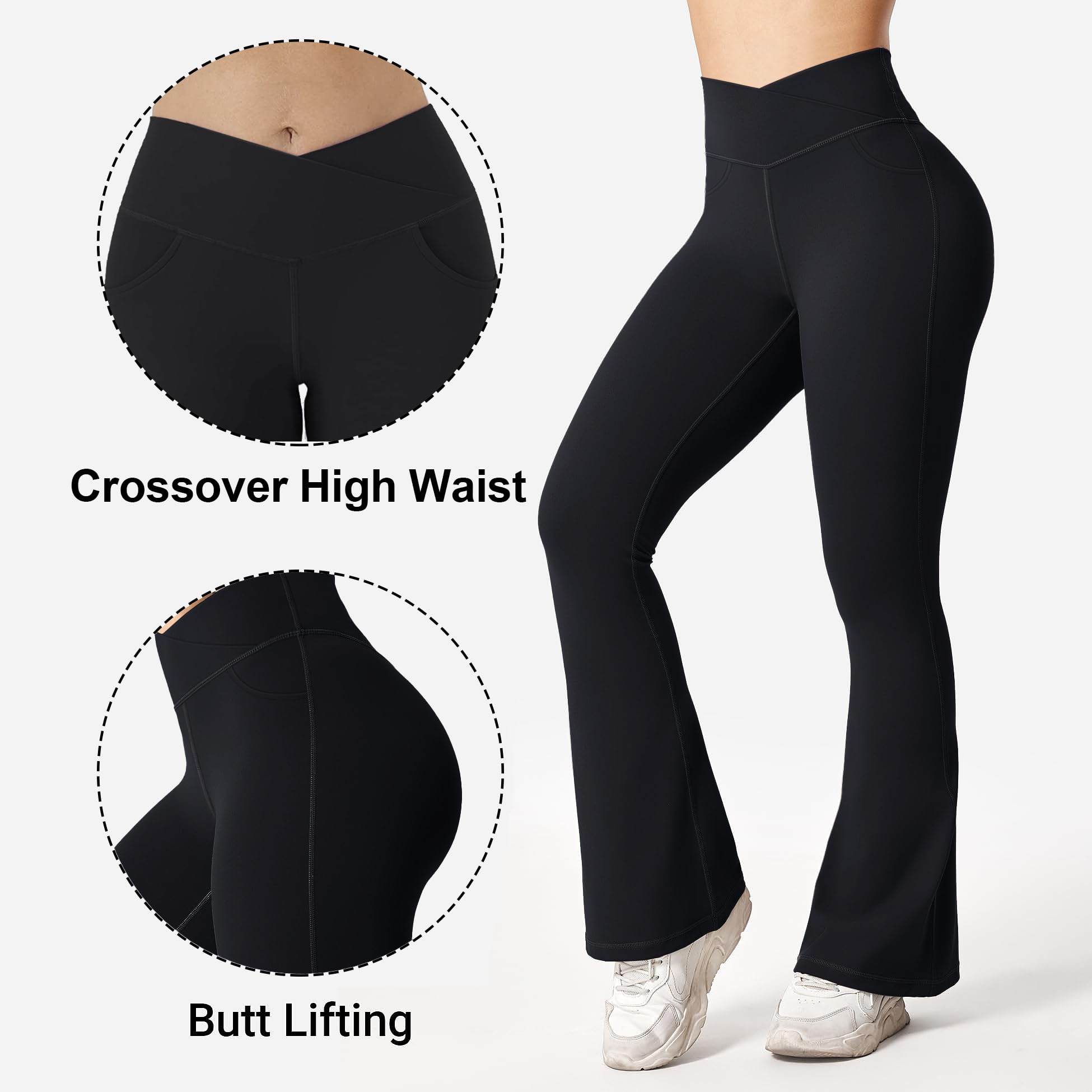 BOOVET Women's Flare Yoga Pants with Pockets Crossover High Waisted Bootcut Flare Yoga Leggings Tummy Control Workout Pants Black