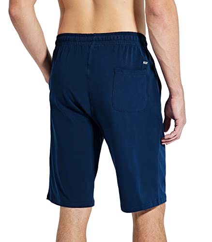 MIER Men's Workout Cotton Shorts 11 Inch Long Lounge Gym SweatShorts Pockets Lightweight Athletic Running Knit Jersey Shorts Drawstring, Navy Blue, M