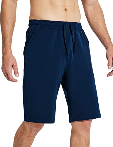 MIER Men's Workout Cotton Shorts 11 Inch Long Lounge Gym SweatShorts Pockets Lightweight Athletic Running Knit Jersey Shorts Drawstring, Navy Blue, M