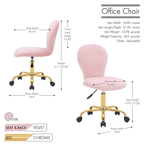 Porthos Home Evie Office Chair with Soft Velvet Upholstery, Stylish Golden Metal Legs with Roller Wheels and Adjustable Height, Sleek Armless Design for The Cozy Home Studio and Small Office