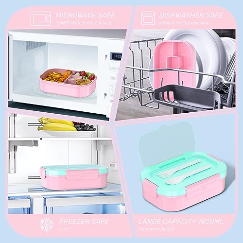 TEVIKE Kids & Adults Bento Lunch Box-4 Compartment Leak-Proof Food Containers with Fork & Spoon, BPA Free, Bento Adult Lunch Box for Work School, Microwave & Dishwasher Safe (Misty Mint-Pk)