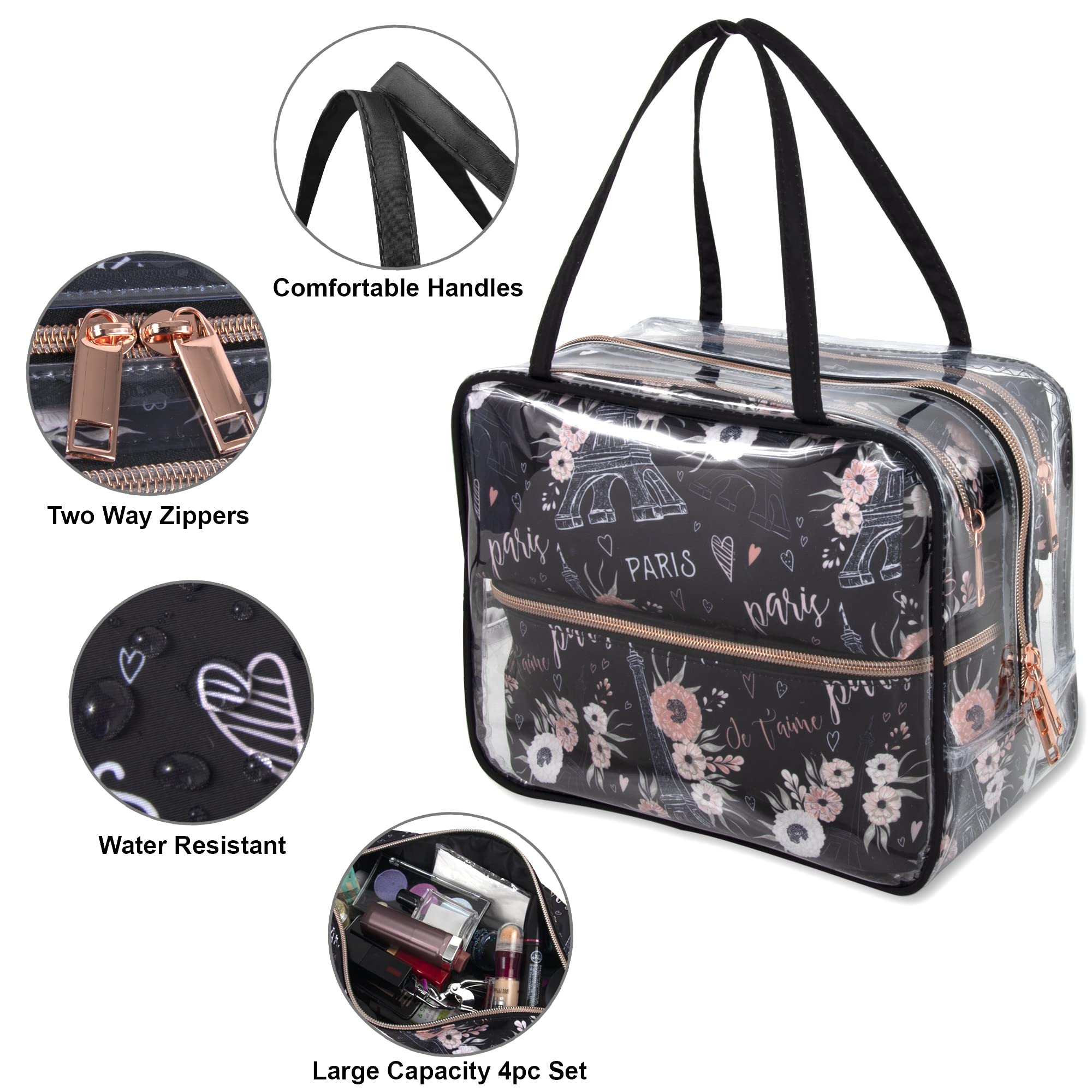 Emma & Chloe 4 Piece Toiletry Bag Set, Waterproof Home, Travel Cosmetic Train Case Makeup Bags for Women with Handle, Zipper – 4 Makeup Bags Set (Paris Je T'aime)