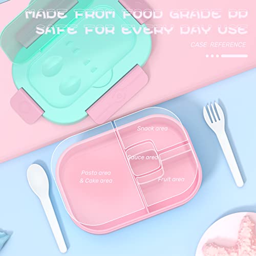 TEVIKE Kids & Adults Bento Lunch Box-4 Compartment Leak-Proof Food Containers with Fork & Spoon, BPA Free, Bento Adult Lunch Box for Work School, Microwave & Dishwasher Safe (Misty Mint-Pk)