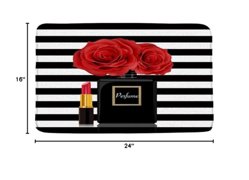 Black Perfume Flower Bath Mat Lipstick Red Rose Woman Lady Makeup Charming Black White Stripe Modern Fashion Cosmetic Sweet Romantic Love Bathroom Mat Microfiber Memory Foam Bath Decor Rugs