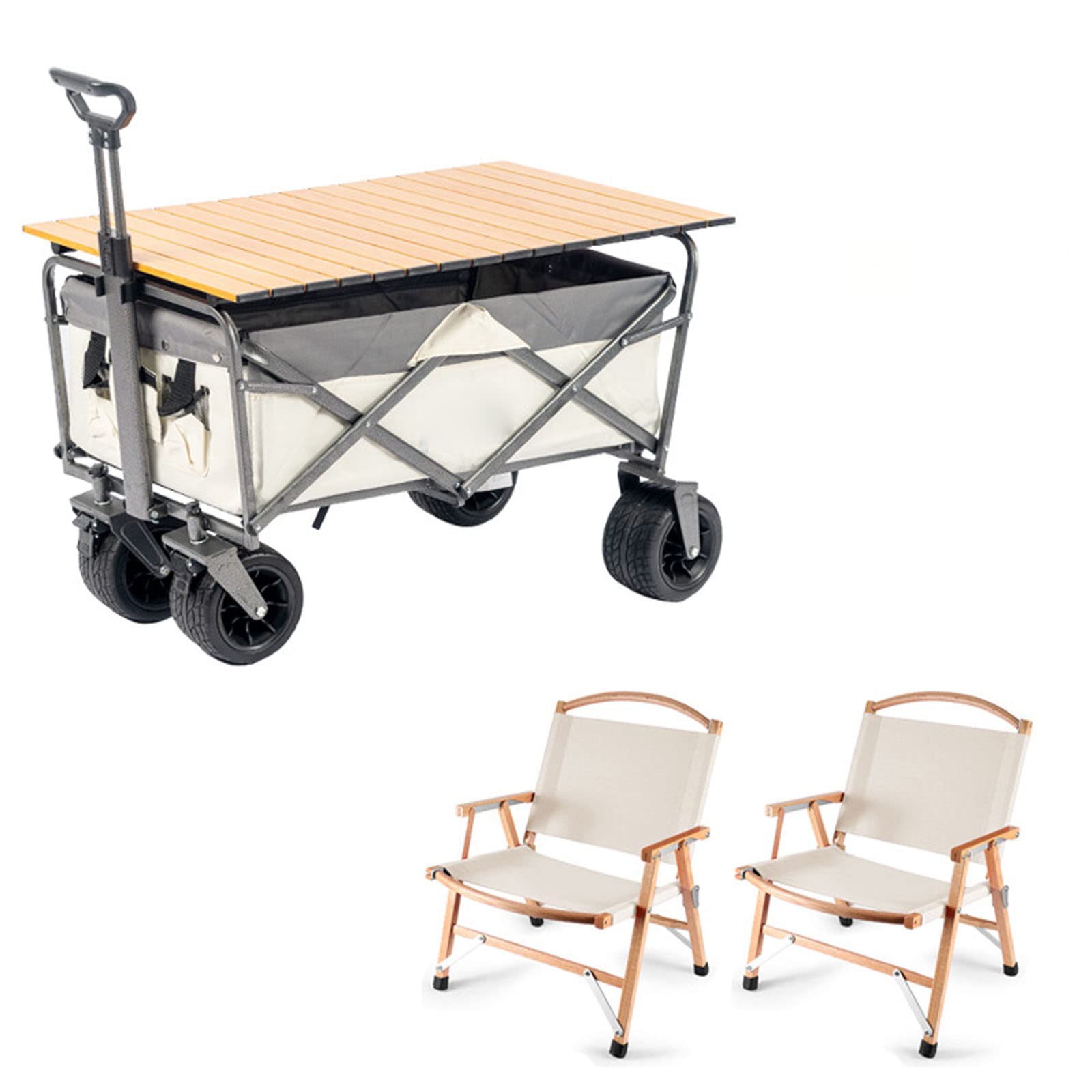 ASUMUI Outdoor Collapsible Wagon Portable Beach Cart,Adjustable Rolling Carts with Big Wheels/Two Chairs/Desktop,for Beach, Shopping (White)