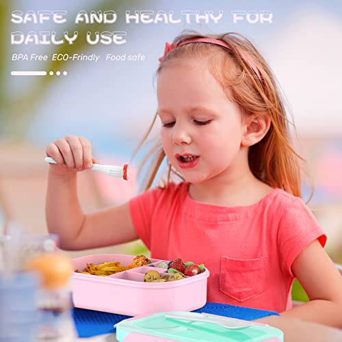 TEVIKE Kids & Adults Bento Lunch Box-4 Compartment Leak-Proof Food Containers with Fork & Spoon, BPA Free, Bento Adult Lunch Box for Work School, Microwave & Dishwasher Safe (Misty Mint-Pk)