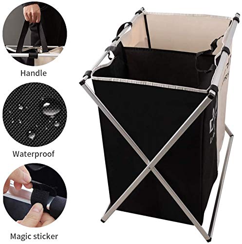 WANYU 125L Laundry Hamper 2 Section Basket Bin Washing Storage Bag Folding Hamper Sorter Aluminum X-Frame Cloth Organizer Durable for Bathroom Home with Carrying Handle (White+Grey)