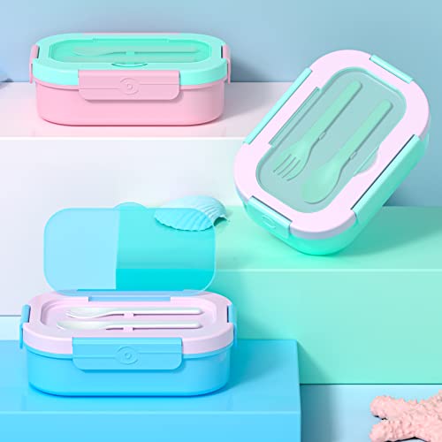 TEVIKE Kids & Adults Bento Lunch Box-4 Compartment Leak-Proof Food Containers with Fork & Spoon, BPA Free, Bento Adult Lunch Box for Work School, Microwave & Dishwasher Safe (Misty Mint-Pk)
