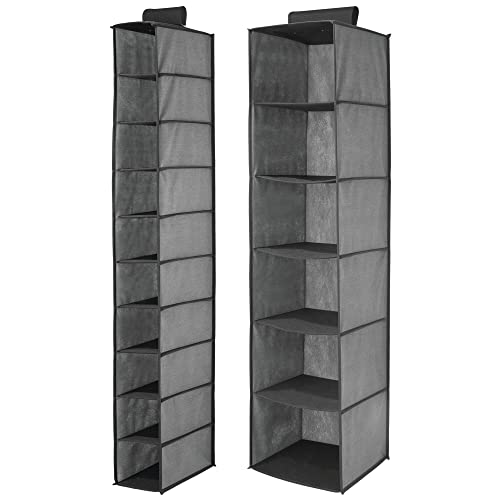 mDesign Fabric Over Rod Hanging Closet Storage Organizers, Includes a Wide 6-Shelf Sweater Organizer, and a Narrow 10-Shelf Shoe Rack - Textured Print - Set of 2 - Charcoal Gray/Black