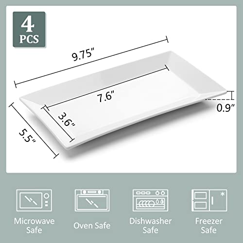 Yedio Porcelain Rectangular Dinner Platters, 9.75 Inch Rectangular Serving Platters for Sushi, Snacks, Cake, Meat, Appetizer Platters-Set of 4, White