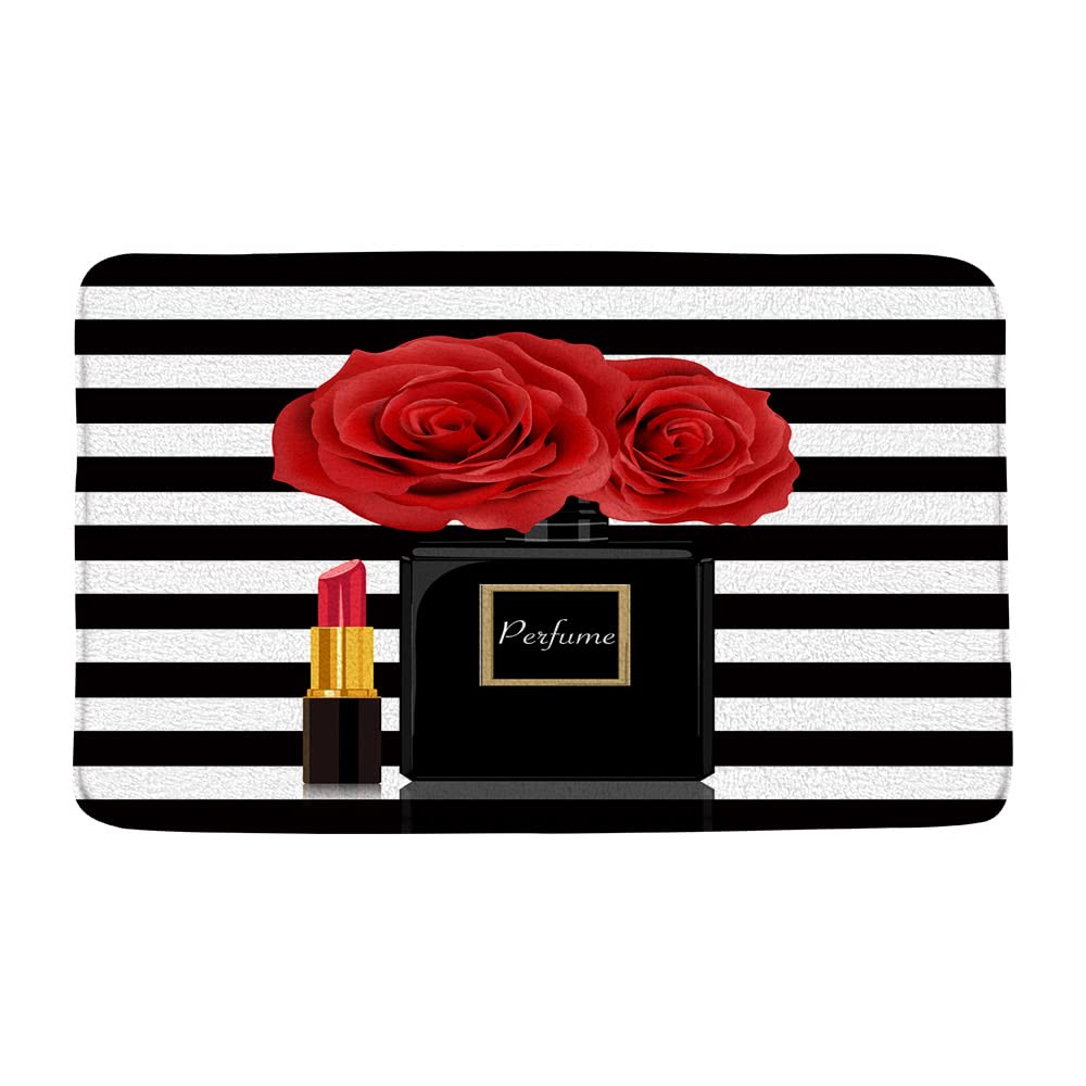 Black Perfume Flower Bath Mat Lipstick Red Rose Woman Lady Makeup Charming Black White Stripe Modern Fashion Cosmetic Sweet Romantic Love Bathroom Mat Microfiber Memory Foam Bath Decor Rugs