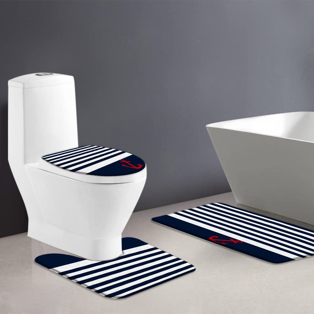 Nautical Anchor Bath Mat Red Anchors Navy Blue White Stripe Tropical Ocean Sea Life Creative Navigation Art Microfiber Memory Foam Absorbent Rug Floor Mats Bathroom Decor,Navy Blue White